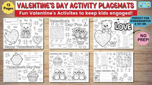 Valentine's Day Activity Placemats for Kindergarten, 1st Grade, Pre-K ...
