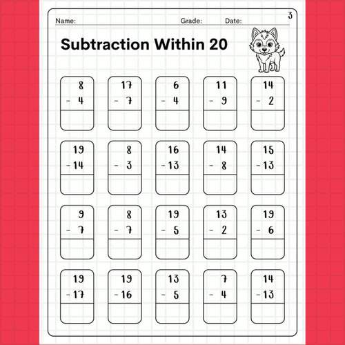 Subtraction Within 20 Worksheets | With and Without Regrouping | 30 Pages