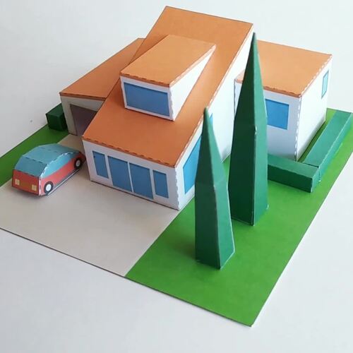 Diorama Modern House and Red Car. Printable Paper Craft Template by ixia3d