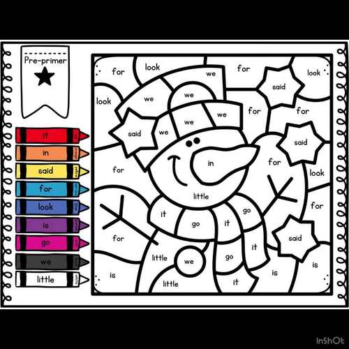 Kindergarten Sight Word Color by Code Winter Worksheets – Dolch Pre-Primer