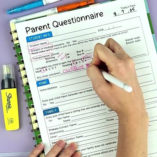 Beginning of Year Open House Parent and Student Info Forms - Back to School