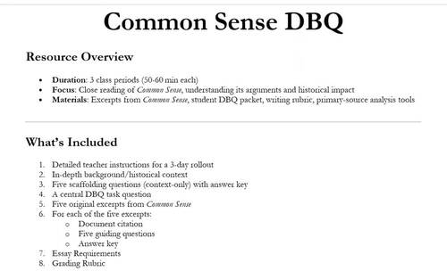No Prep Common Sense DBQ by PBL History & Civics | TPT