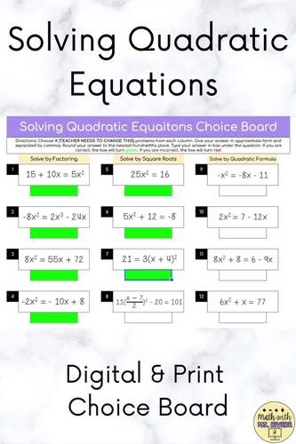 Solving Quadratic Equations Choice Board Digital and Printable | TpT