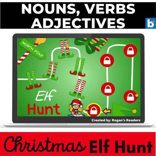 Christmas Grammar Review Game - Nouns, Verbs, Adjectives - Elf Hunt
