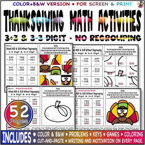 Mixed Add Subtract 3 Digit without regrouping | Thanksgiving Math ...