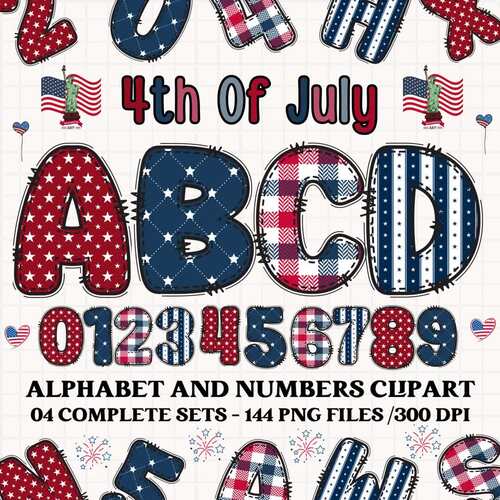 4th of July PNG Alphabet clipart, doodle letters for classroom crafts
