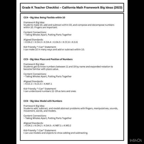 Grade K California Math Framework Big Ideas Posters – Teacher & Student ...