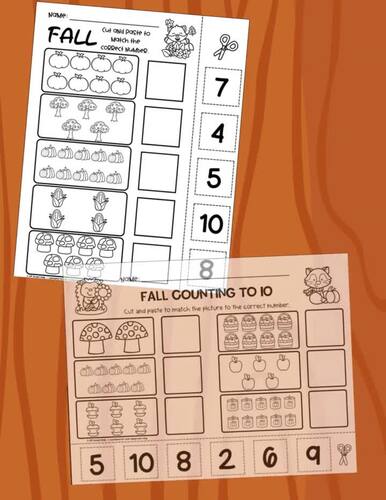 Fall Count Cut and Paste Worksheets No Prep Autumn Matching Numbers 1 ...