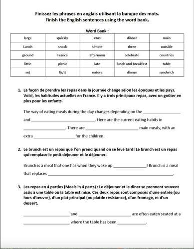 Grade 6 France Traditional Foods "Meals in France" Student Handout