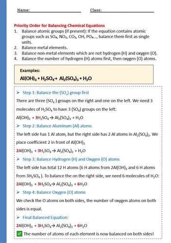 Balancing Chemical Equation Guide and Exercises (With answer). | TPT