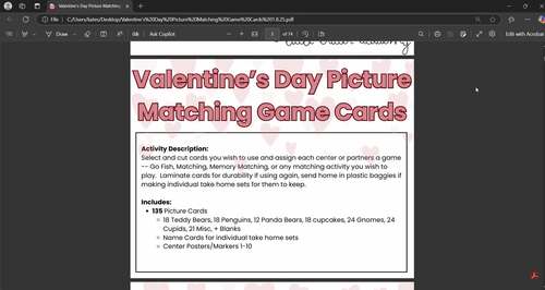 Matching Activities Game Identical Picture Activities Valentines Day ...