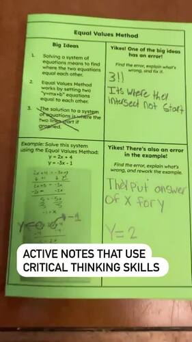 Solving Systems of Equations Algebraically Equal Values Method Notes ...