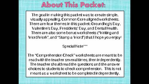 February Kindergarten Language Arts Packet - Common Core Aligned (120 ...