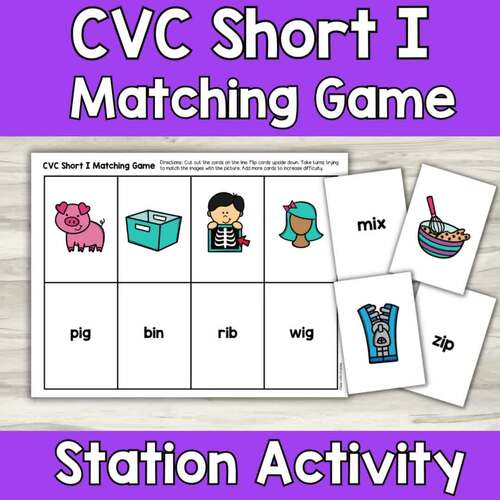 CVC Short I Vowels Matching Game | Kinder 1st 2nd grade Phonics Reading ...