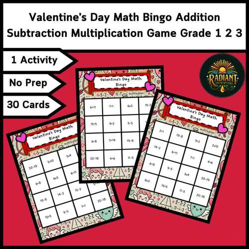 Valentine's Day Math Bingo Addition Subtraction Multiplication Game ...