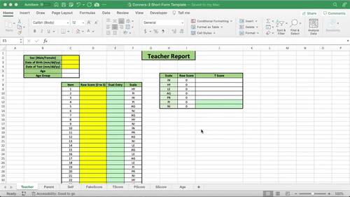 Conners-3 Short Form Autoscoring Template self, parent and teacher report