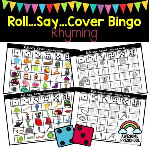 Rhyming Bingo Game | Roll, Say, Cover Activity Kindergarten, Preschool