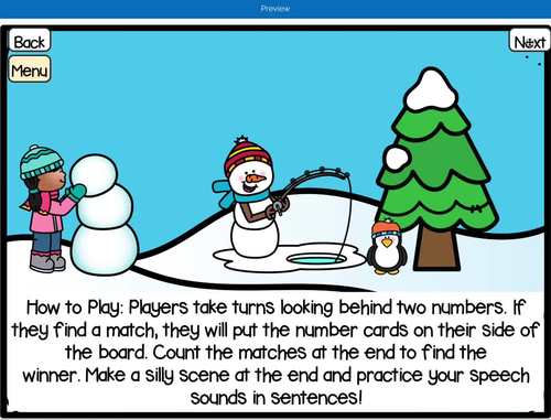 K and G Winter Articulation Memory Games Boom Cards Activity Speech Therapy