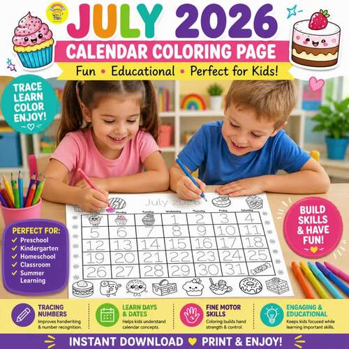 July 2026 Calendar Number Tracing Printable Coloring Page Summer ...