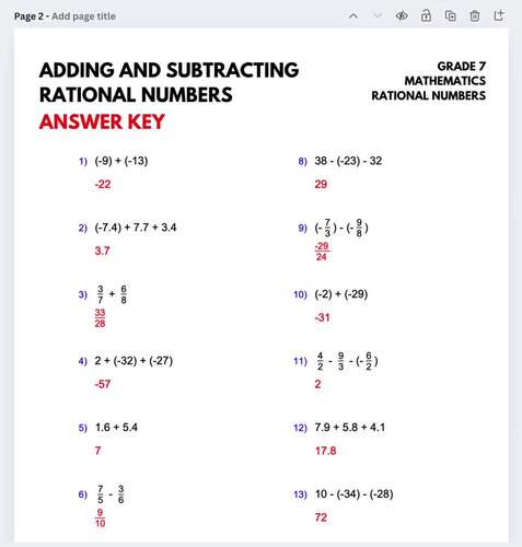 Adding and Subtracting Rational Numbers Practice Worksheet (7th Grade)