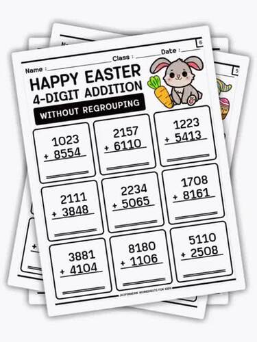 HAPPY EASTER 4-DIGIT ADDITION & SUBTRACTION WITH& WITHOUT REGROUPING ...