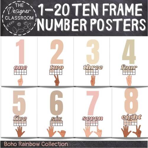 Ten Frame Number Posters 1 to 20 | Boho Rainbow Classroom Decor | TPT