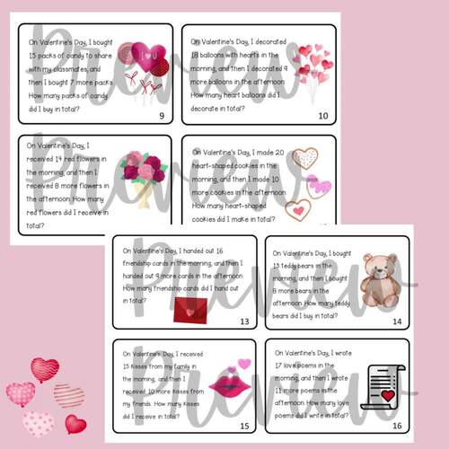Valentine's Day Addition Word Problems Task Cards | TPT