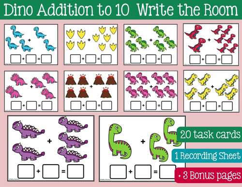 Dino Addition to 10 | Write the Room Math Center | Kindergarten & 1st Grade