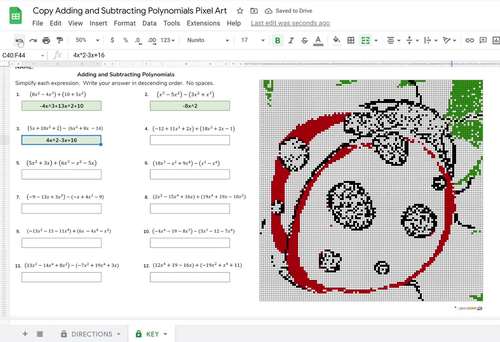 Google Sheets Digital Pixel Art Math Adding and Subtracting Polynomials