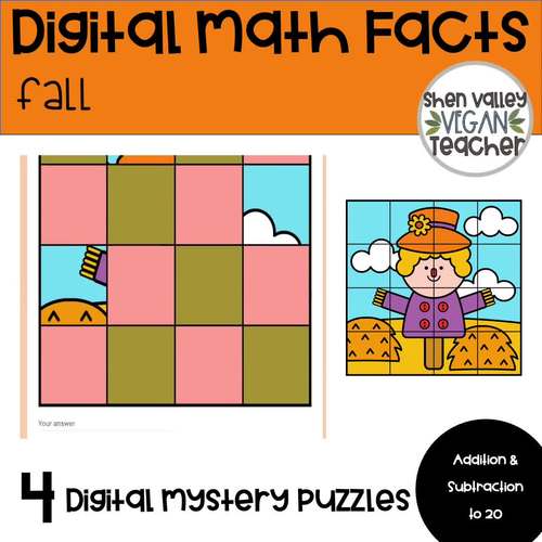 4 Mystery Puzzles Digital Math Facts FALL Addition & Subtraction to 20