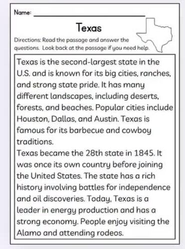 Texas Reading Comprehension Passages & Questions by SproutandSparkle