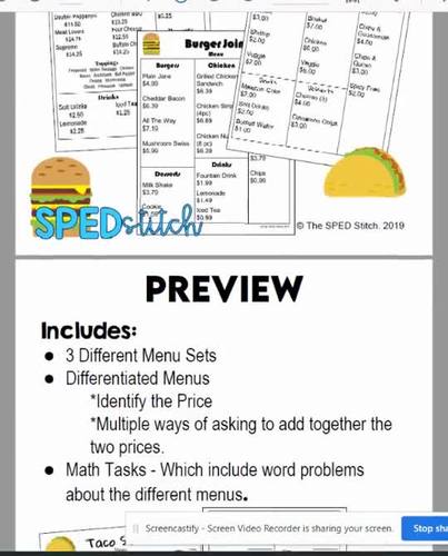 Restaurant Menu Math Activity Set for Autism and Special Education