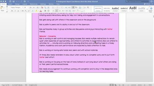 Kindergarten Progress Report Card Comments Editable | Parent Teacher ...