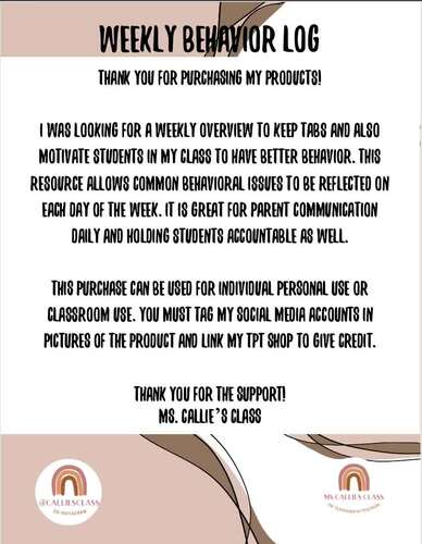 Weekly Student Behavior Log- Editable - Parent Communication | TPT
