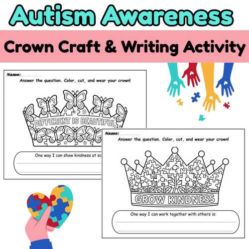 Autism Awareness Crown Craft SEL Coloring Writing Activity April Classroom