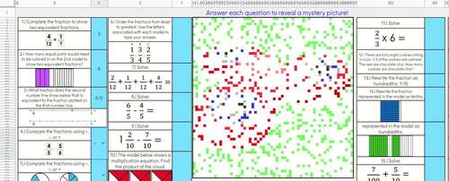 Digital Math Pixel Art Mystery Picture 4th Grade Fractions Review Test Prep