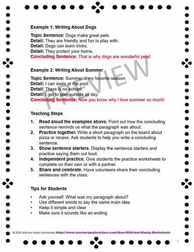 How to Write Concluding Sentences by Wild and Wacky Worksheets | TPT