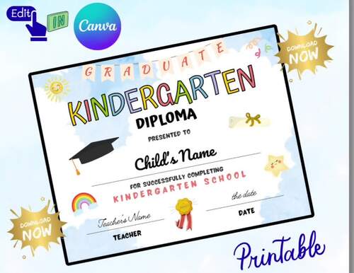 Kindergarten Diploma Template Editable Canva Sky Cloud Graduation ...