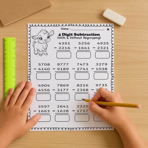 4 Four Digit Number Subtraction with and without Regrouping | TPT