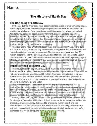 Earth Day Comprehension Passage Questions Worksheets 3rd 4th 5th