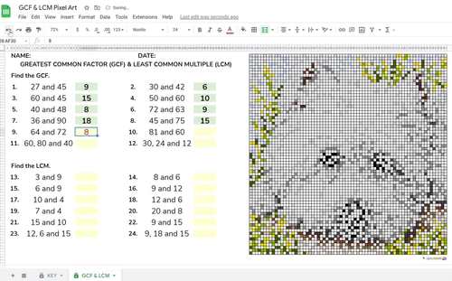 Google Sheets Digital Pixel Art Math GCF and LCM by Algebra Accents