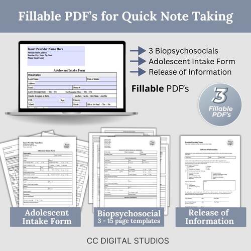 Teen Therapy Bundle, Therapy Forms and Consents, Fillable PDF & WORD Docs