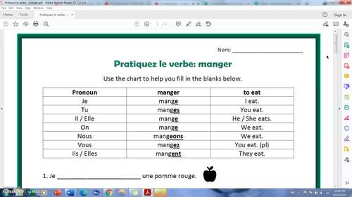 Pratiquez le verbe: manger (Food-themed French verb worksheet) | TPT