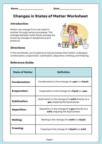 Changes in States of Matter Worksheet Packet for the Science Classroom