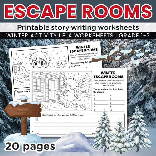 Winter Escape Room Story Writing Prompt Worksheets, Fun Vocabulary Practice