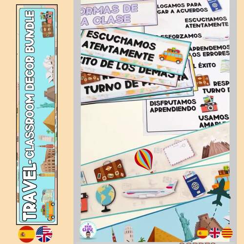 Travel classroom decor theme Bundle- bilingual- Pack decoración viajes