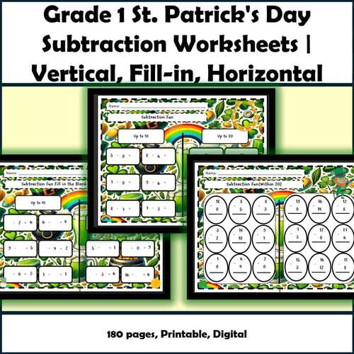 Grade 1 St. Patrick's Day Subtraction Worksheets | Vertical, Fill-in ...