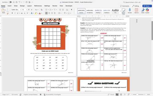 Angle Relationships Activities Halloween Math Review BINGO Game by Math ...
