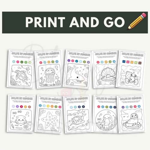 Ocean Color by Number Worksheets | Sea Animals Math Activity | PreK to 1st