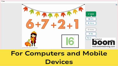 Fall Addition Digital Boom Cards Adding 4 Addends by Limes and Lemons